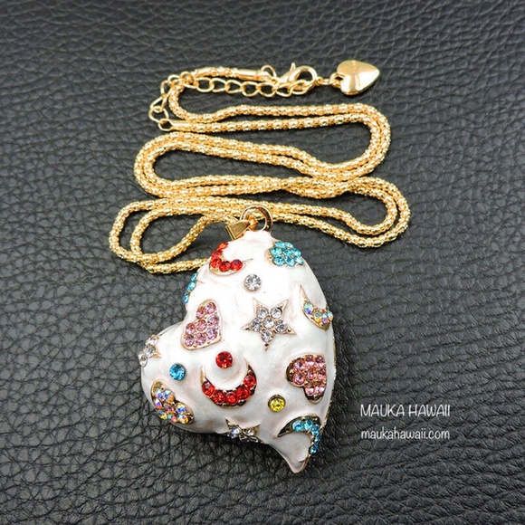 Jewelry | Moon Star Cosmic Heart 3d White Enamel Rhinestone Pendant ...
